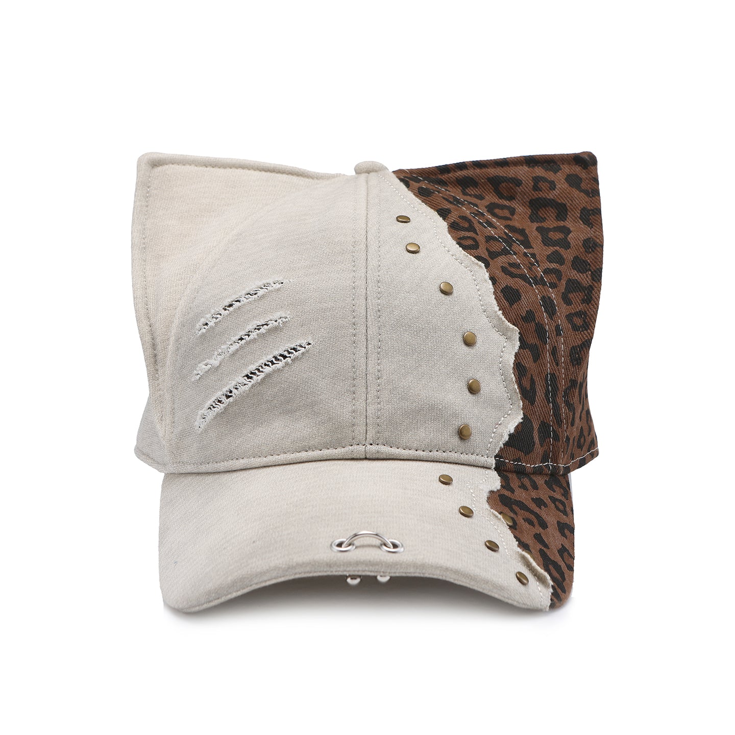 GENZERO rivet spliced perforated leopard print cat ear baseball cap ...