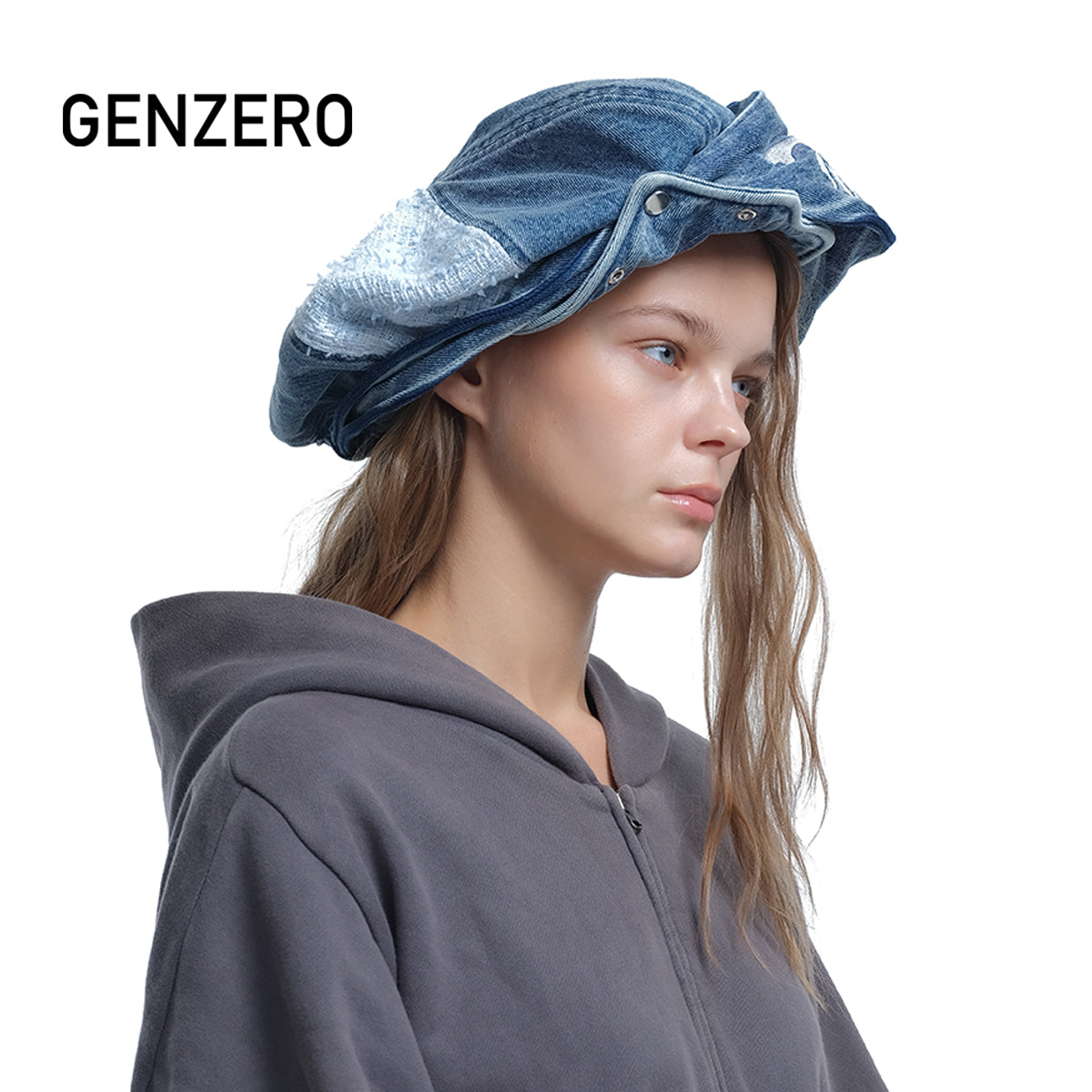 GENZERO Blue denim patchwork tie Cloud beret – Genzero